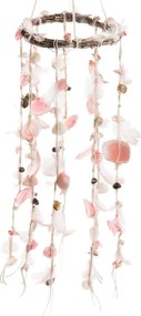 Závěsný věnec s růžovými peříčky a mušlemi Boho - Ø 15*75 cm