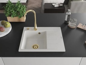 Mexen Ben granitový dřez s 1 komorou a odkapávačem, levý 600 x 500 mm, bílý, sifon zlatý - 6522605000-20-G