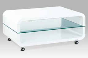 Konferenční stolek AHG-611 WT MDF bílý vysoký lesk, čiré sklo, kolečka