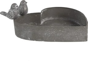 Šedý plechový květináč ve tvaru srdce s ptáčky - 19*17*7cm