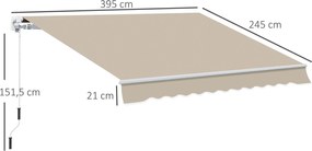 Manuální zatahovací kazetová markýza Outsunny 3,95 m s kličkou pro balkón - sluneční clona, stěnová montáž, hliník, Bílá + Béžová 395 x 245 cm