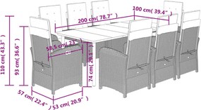 vidaXL 9dílný zahradní jídelní set s poduškami šedý polyratan [3212369]