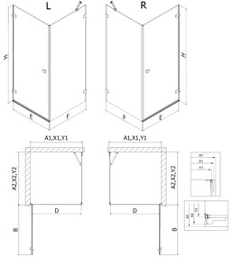 Mexen Lunar-B, výklopný sprchový kout levý 90 x 70 cm, 8mm čiré sklo, zlatý profil, 832-090-070-50-00-L