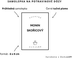 MONIN SKOŘICOVÝ - omyvatelná samolepka na dózu, výběr rozměrů Ø 5 cm / 5 x 5 cm / 6 x 8 cm | DomaLEP tvar: OBDÉLNÍK, barva: PRŮHLEDNÁ - ČERNÉ písmo, velikost: š. 6 cm x v. 8 cm - tučné písmo