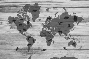 Obraz černobílá mapa na dřevěném podkladu - 120x80 cm