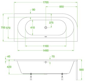 BPS-koupelny Akrylátová asymetrická vana k vestavbě HYD-EBI170P-VEST 170x75 cm PRAVÁ, bílá