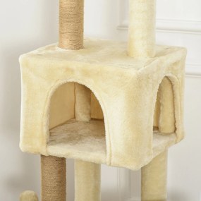 PawHut Velký Škrabací Strom pro Kočky 60x34x136 cm s Platformami, Hřejivými Jeskyněmi, Odnímatelnými Jutovými Sloupky a Visacím Míčkem Bežová