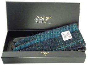 Dámské rukavice Harris Tweed Turquoise Overcheck s pravou černou kůží v dárkové krabičce