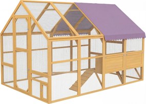 PawHut dřevěný výběh pro slepice, cca 5,2 m² (280 × 185,5 × 188 cm) venkovní výběh s krytou částí, zamykací dveře, rampa, 4 hnízdní boxy — žlutý (pro