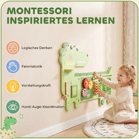 AIYAPLAY Montessori motorická deska dřevěné Busy Board dinosaurus, nástěnně montovaná s xylofonem, hodinami a ozubenými koly, zvukové tyče