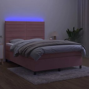 Box spring postel s matrací a LED růžová 140x190 cm samet 3136184