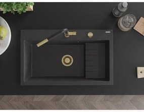 Mexen Omar, 1-komorový granitový dřez 800x480x210 mm, černá skvrnitá, zlatý sifon, 6520801005-76-G