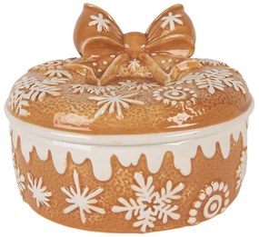 Hnědá keramická perníková dóza s mašlí a vločkami Snowflakes - Ø 20*13 cm