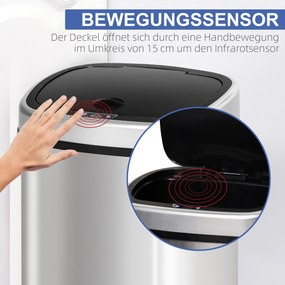 HOMCOM Odpadkový koš 58L, automatický odpadkový koš s infračerveným senzorem, hygienický, velký, nerezová stříbrná, D40,9xŠ28,9xV68 cm | Aosom.de