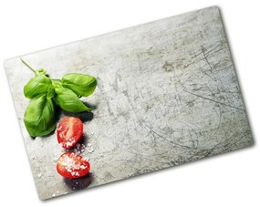 Wallmuralia Kuchyňská deska velká skleněná Rajčata a bazalka 80x52 cm