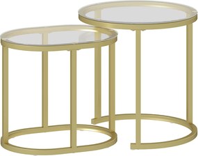 HOMCOM Set Kulatých Konferenčních Stolků 2 ks, Stohovatelné Boční Stoly se St steel Rámem, Konferenční Stolky do Obývacího Pokoje / Ložnice Zlaté
