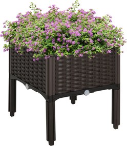 Zvýšený záhon Outsunny, květináč s drenážními otvory, květinový box v ratanovém vzhledu, plast, hnědý, 40 x 40 x 44 cm | Aosom