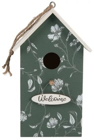 Zelená dřevěná budka pro ptáčky s listy a cedulí Welcome – 15x10x22 cm