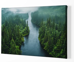 Obraz na plátně - Jehličnaté údolí s mlžnou řekou FeelHappy.cz Velikost obrazu: 150 x 100 cm