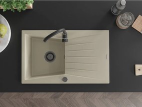 Mexen Cesar, granitový dřez 775x470x190 mm, 1-komorový, béžová s černým sifonem, 6514771010-69-B