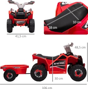HOMCOM Prodám elektrickou čtyřkolku, s přívěsem, rychlost vpřed a vzad, oděruvzdorná kola, kovová, pro 1,5-3 roky, nosnost 25 kg, červená| Aosom