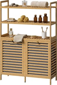 HOMCOM bambusová skříňka do koupelny s koši na prádlo – 3patrové úložiště se 2 odnímatelnými látkovými koši, 80 × 30 × 118 cm, dub