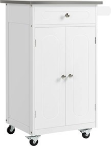 HOMCOM Bílý Kitchen Island Trolley z MDF a nerezové oceli s kolečky, víceúložný, 1 zásuvka, skříňka s 2 dveřmi a držákem na utěrku