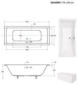 BESCO Obdélníková vana QUADRO SLIM Nožičky k vaně - S nožičkami, Rozměr vany - 175 × 80 cm - VANQAUD175SLIM+OLVPINOZ