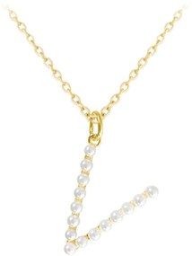 Pozlacený stříbrný náhrdelník MINET písmeno "V" s perličkami JMAS710VGN45