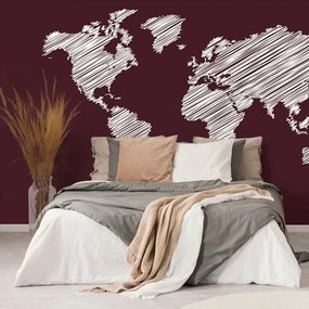 Samolepící tapeta šrafovaná mapa světa na bordó pozadí - 150x100 cm