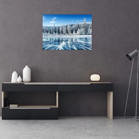 Skleněný obraz zamrzlého jezera a zasněžených stromů (70x50 cm)