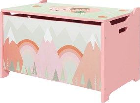 Úložný box s úložným prostorem, box na hračky s bezpečnostním závěsem víka, design roztomilých zvířátek, 60 x 37 x 39 cm, růžová barva