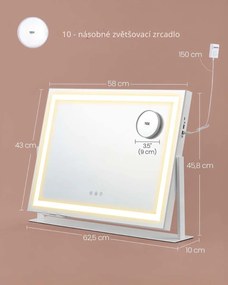 Kosmetické zrcadlo DAHLIA s LED osvětlením, 10x62,5x45,8 cm, bílá SongmicsHome