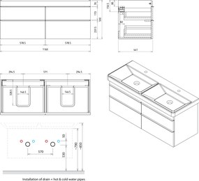 Sapho SITIA dvojumyvadlová skříňka 116 x 50 x 44,1 cm 4x zásuvka dub alabama SI120-2222