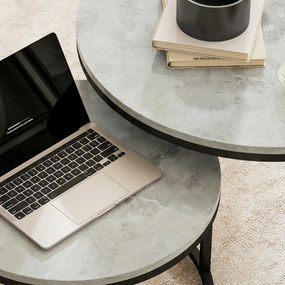 HOMCOM Sada 2 vnořovacích kulatých konferenčních stolků — průmyslový design, černý kov, šedý betonový povrch
