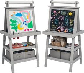 AIYPLAY Dětský malířský stojan 3 v 1 - Magnetická oboustranná dětská tabule s papírovým válečkem a úložnými košíky 59x48x118 cm Šedá | Aosom