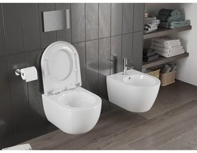 Mexen Carmen, závěsná WC mísa 490x365x340 mm, Rimless Tornádo + WC sedátko z duroplastu, bílá lesklá, 30880200T