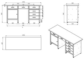 Pracovní stůl se zásuvkami FRANK, 1700 x 850 x 600 mm, černý