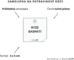 RÝŽE BASMATI - omyvatelná samolepka na dózu, výběr rozměrů Ø 5 cm / 5 x 5 cm / 6 x 8 cm | DomaLEP tvar: KOLEČKO, barva: PRŮHLEDNÁ - ČERNÉ písmo, velikost: Ø 5 cm - tučné písmo