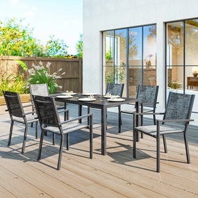 Outsunny Sada Zahradního Nábytku do Exteriéru 7 Kusů, Zahradní Stůl s 6 Stohovatelnými Židlemi, 150 cm Lamely, Ocelová Konstrukce Odolná proti Korozi…