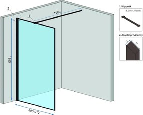 Rea Bler, sprchová zástěna 90x195 cm, 8mm čiré sklo, černý matný profil + police a věšák EVO, KPL-K7638