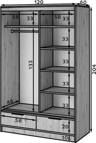 Šatní skříň Voodi se zrcadlem 120 cm dub Artisan