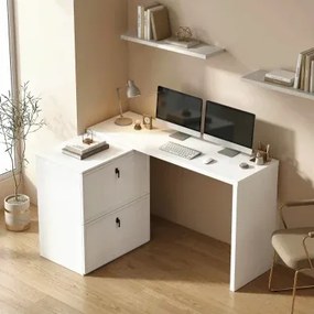 HOMCOM Reverzní psací stůl do tvaru L s 2 závěsnými zásuvkami Moderní design pro malé prostory Domácí kancelář Bílá