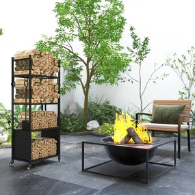 Outsunny Stojan na dřevo 45 x 30 x 118 cm s koly, 4 police, stojan na dřevo pro venkovní i vnitřní použití, do 60 kg, kovový, černý