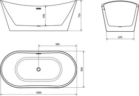 Mexen Montana, volně stojící vana 180 x 90 cm, bílá-černá, broušený grafit přepad, 52011809075-95