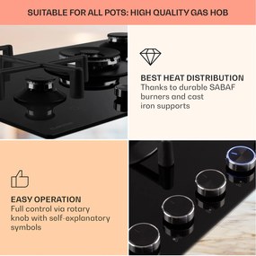 Klarstein Illuminosa 5, plynová varná deska, 5 hořáků Sabaf, sklokeramika