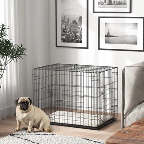 PawHut Klec pro psy, skládací přepravní klec se 2 dveřmi, odnímatelný tác, pratelné měkké polstrování, ocelový rám, 76 x 53 x 60 cm, černá