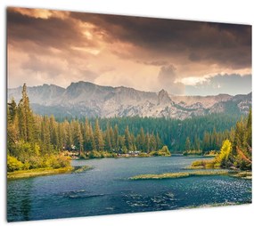 Skleněný obraz horské řeky a hor (70x50 cm)