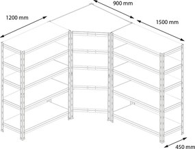 Bezšroubový kovový regál RIVET CORNER PACK 180x210x240x45 cm, 5x HDF police, zinek