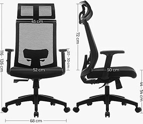 Ergonomická otočná židle, Síťovaný design, Černá, 116-133x68,5x50cm